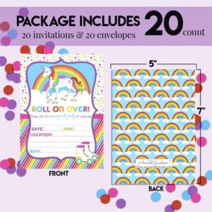 Colorful Unicorn Rainbow Roller Skating Birthday Party Invitations, 20 5x7 Fill In Cards with Twenty White Envelopes by AmandaCreation