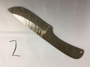 8.5 inches long hand forged twist pattern damascus steel trailing point blank blade skinning knife with 3 pin hole & an inserting hole space 4 inches cutting edge