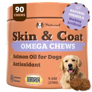 natural dog company skin & coat chews, salmon & peas flavor, dog vitamins and supplements for healthy skin & coat, itch relief for dogs with allergies, with biotin, vitamin e, omega 3, antioxidant