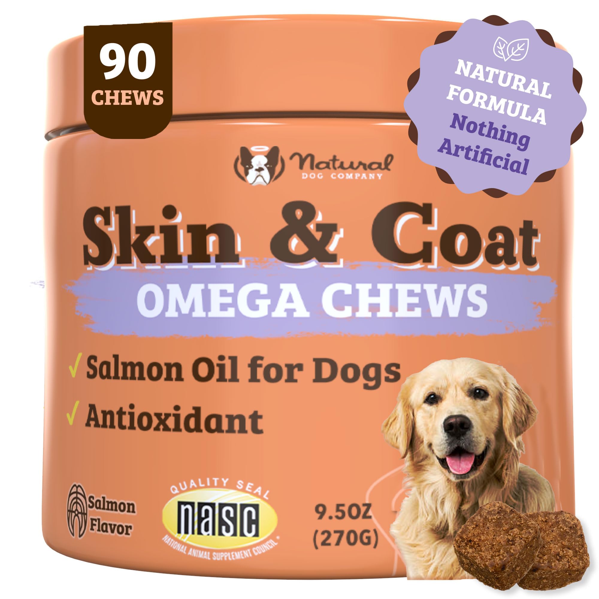 Natural Dog Company Skin & Coat Chews, Salmon & Peas Flavor, Dog Vitamins and Supplements for Healthy Skin & Coat, Itch Relief for Dogs with Allergies, with Biotin, Vitamin E, Omega 3, Antioxidant