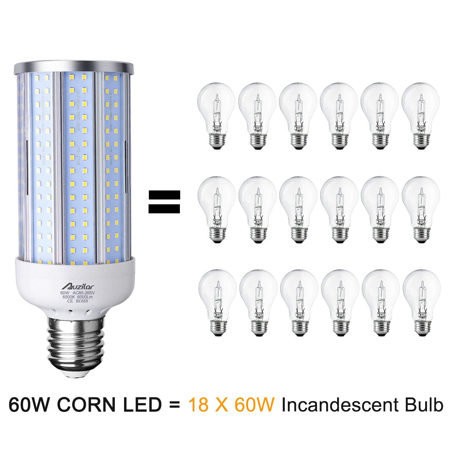 Auzilar 60W LED Corn Light Bulb (E39 Large Mogul Base) 6000Lm 6500K Cool White, for Metal Halide HID HPS Replacement Garage Parking Lot High Bay Warehouse Street Lamp Lighting, 85V-265V