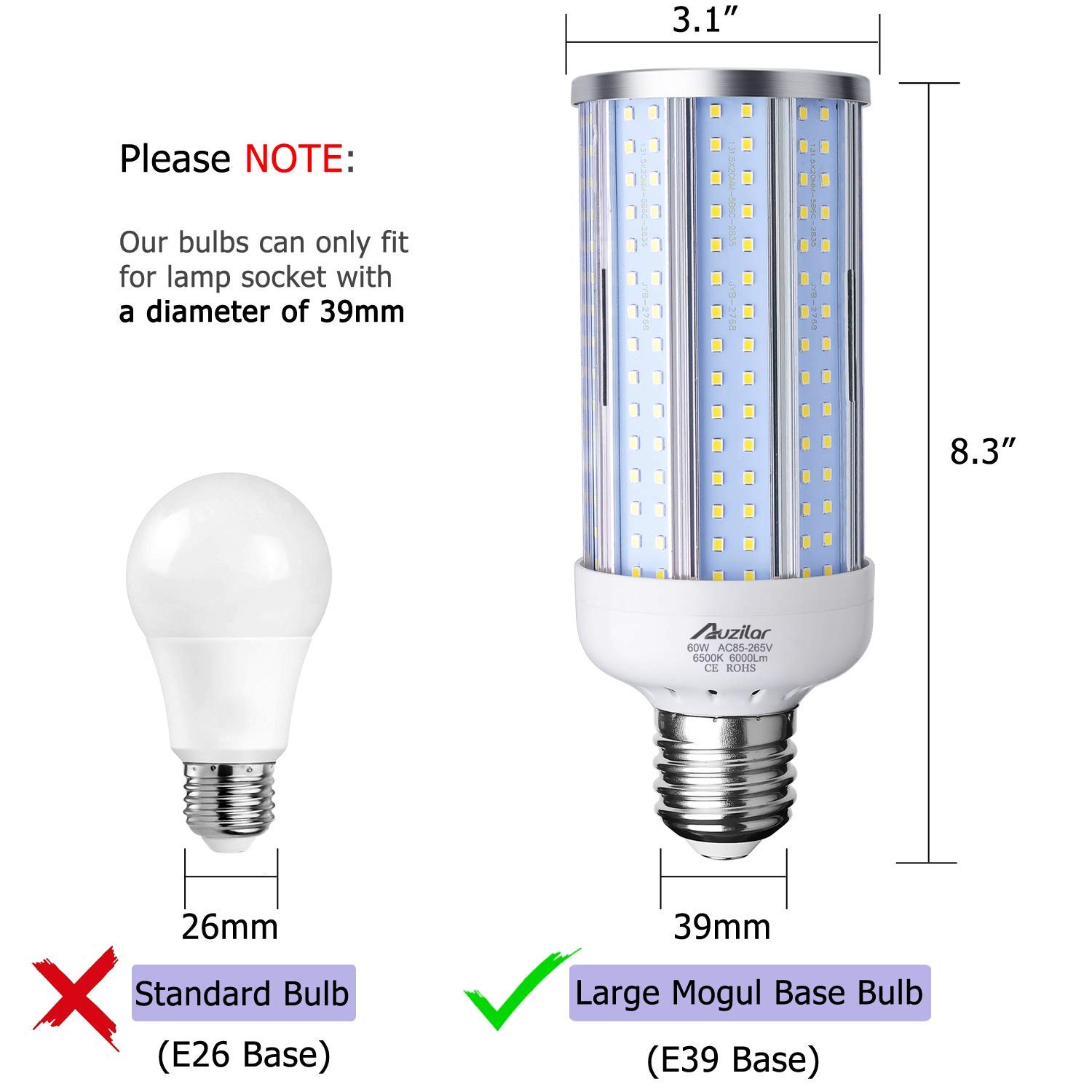 Auzilar 60W LED Corn Light Bulb (E39 Large Mogul Base) 6000Lm 6500K Cool White, for Metal Halide HID HPS Replacement Garage Parking Lot High Bay Warehouse Street Lamp Lighting, 85V-265V