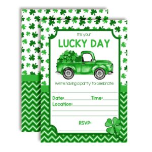 lucky day truck with clover birthday st. patrick’s day party invitations, 20 5x7 fill in cards with twenty white envelopes by amandacreation