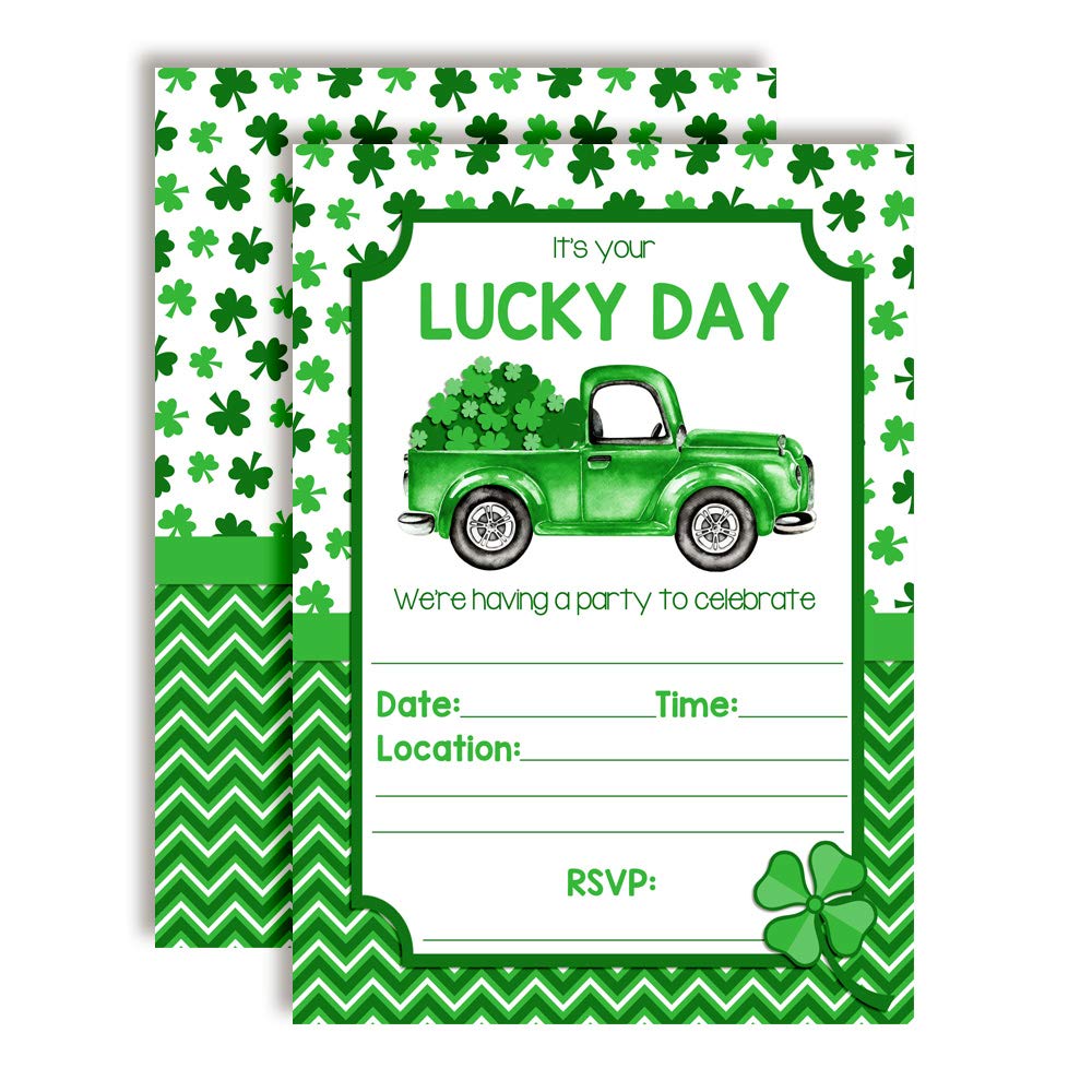 Lucky Day Truck with Clover Birthday St. Patrick’s Day Party Invitations, 20 5x7 Fill In Cards with Twenty White Envelopes by AmandaCreation