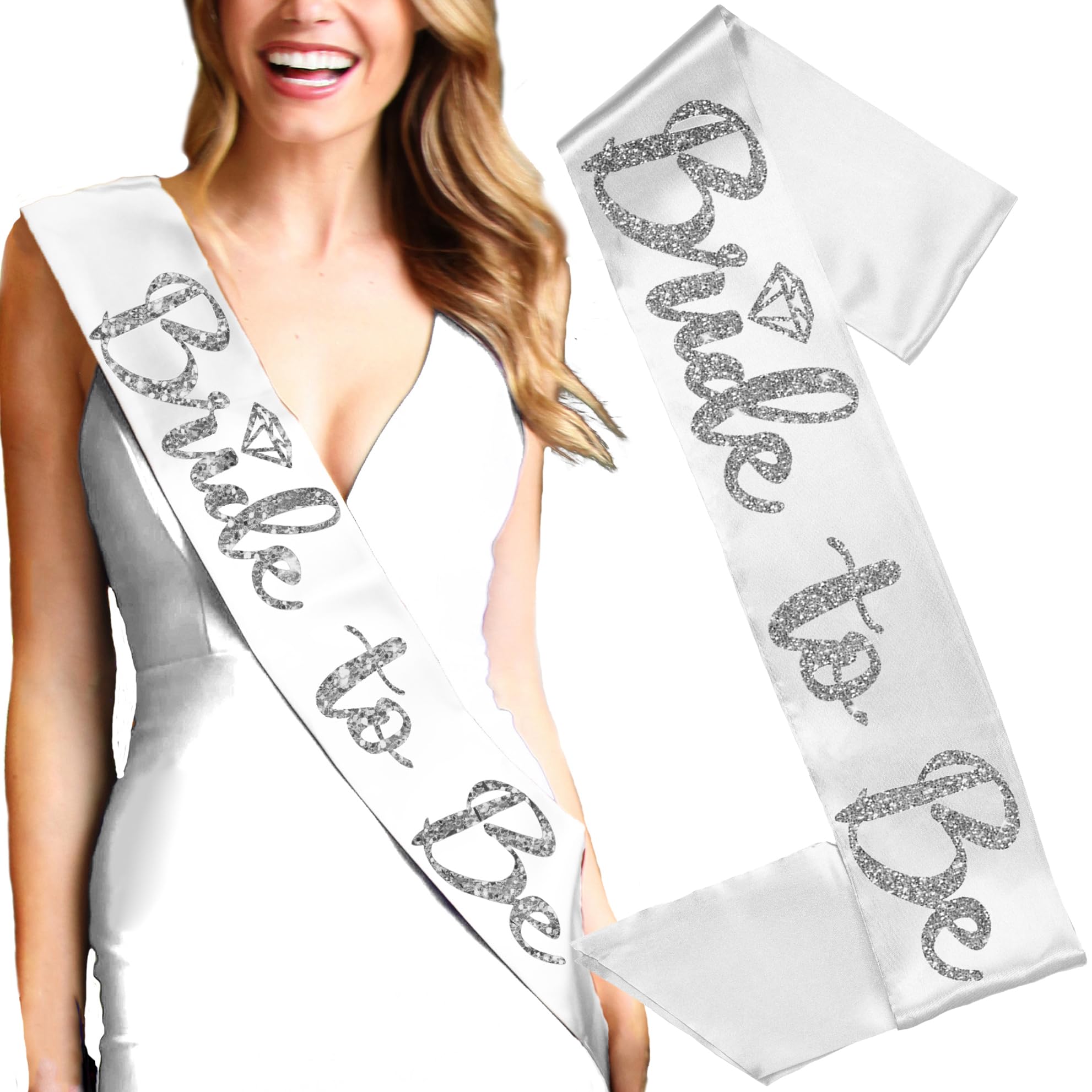 Bride To Be Sash White - Premium BRIDAL GRADE SATIN Silver Sparkle Diamond Bride To Be BRIDAL GRADE Satin Sash - White Sash(SlvDiaB2B)