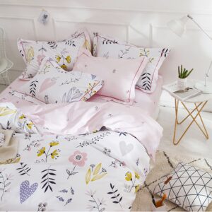 HighBuy Girls Duvet Cover Twin Floral Aesthetic Bedding Set White Pink Premium Cotton Teens Flower Kids Coquette Bedding Comforter Cover Soft Branches Bedding Collection Pink