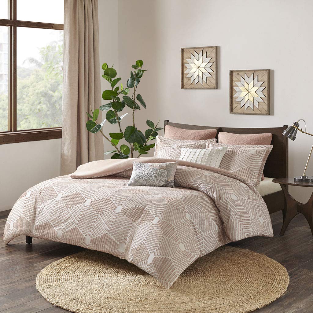 INK+IVY Queen Duvet Cover Set, Geometric Cotton Queen Bed Duvet Cover, Modern Farmhouse with Clipped Jacquard, All Season Bedding Cover with Matching Shams, Ellipse, Full/Queen, Blush 3 Piece