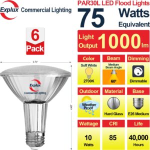 Explux Commercial-Grade LED PAR30 Flood Light Bulb, 75W Equivalent, 40000 Hours, Dimmable, Full-Glass Waterproof & Anti-Ageing, Soft White 2700K, 6-Pack