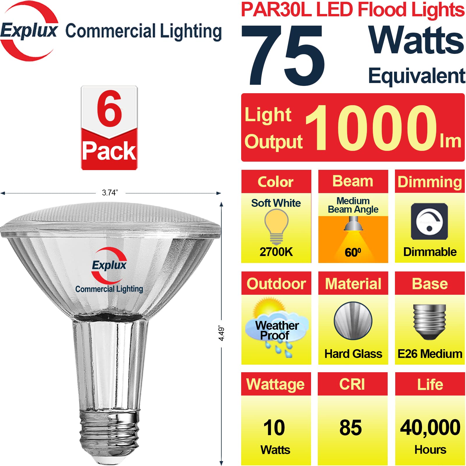 Explux Commercial-Grade LED PAR30 Flood Light Bulb, 75W Equivalent, 40000 Hours, Dimmable, Full-Glass Waterproof & Anti-Ageing, Soft White 2700K, 6-Pack