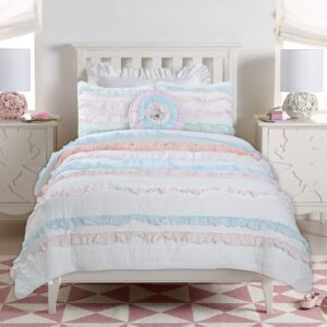 cozy line home fashions light pink blue coral white ruffle 100% cotton reversible girl quilt bedding set, reversible coverlet bedspread (shabby chic, queen - 3 piece)