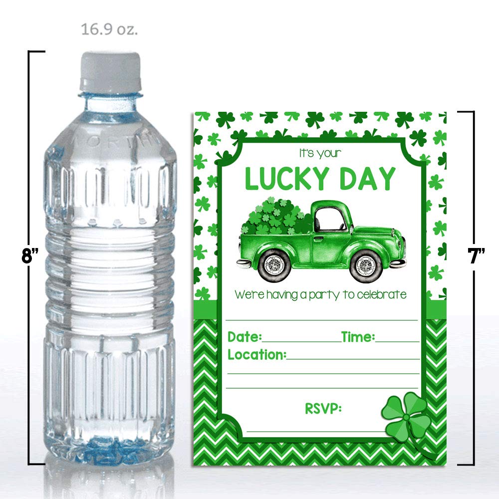 Lucky Day Truck with Clover Birthday St. Patrick’s Day Party Invitations, 20 5x7 Fill In Cards with Twenty White Envelopes by AmandaCreation