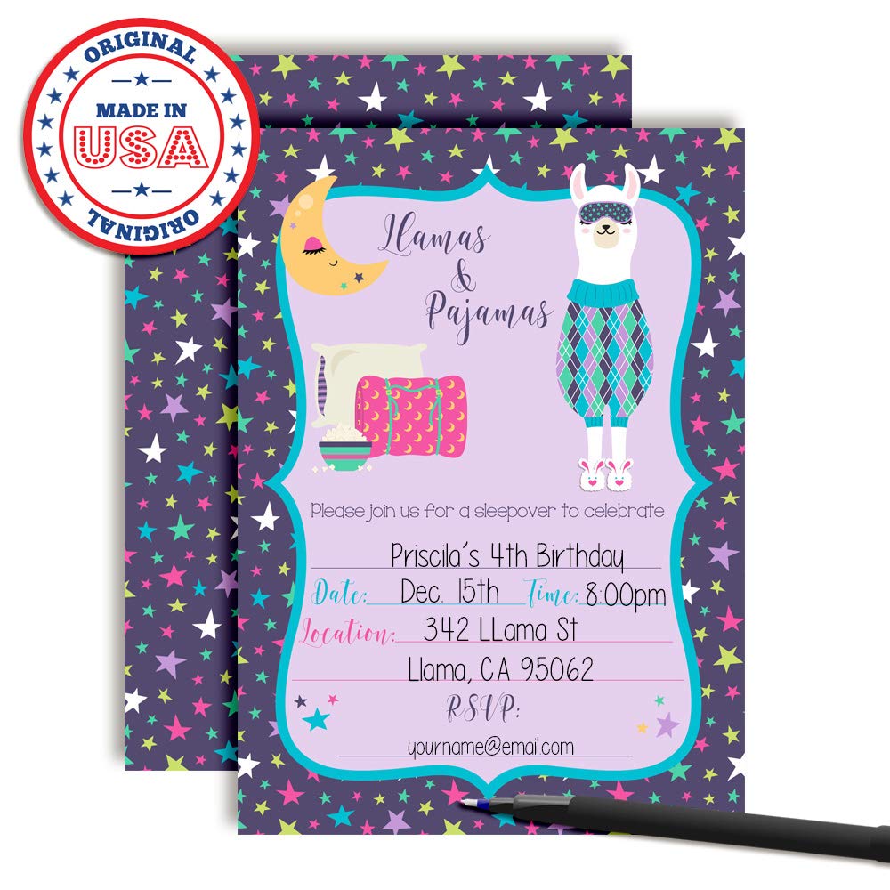 Llamas and Pajamas Slumber Party Sleepover Birthday Party Invitations, 20 5x7 Fill In Cards with Twenty White Envelopes by AmandaCreation