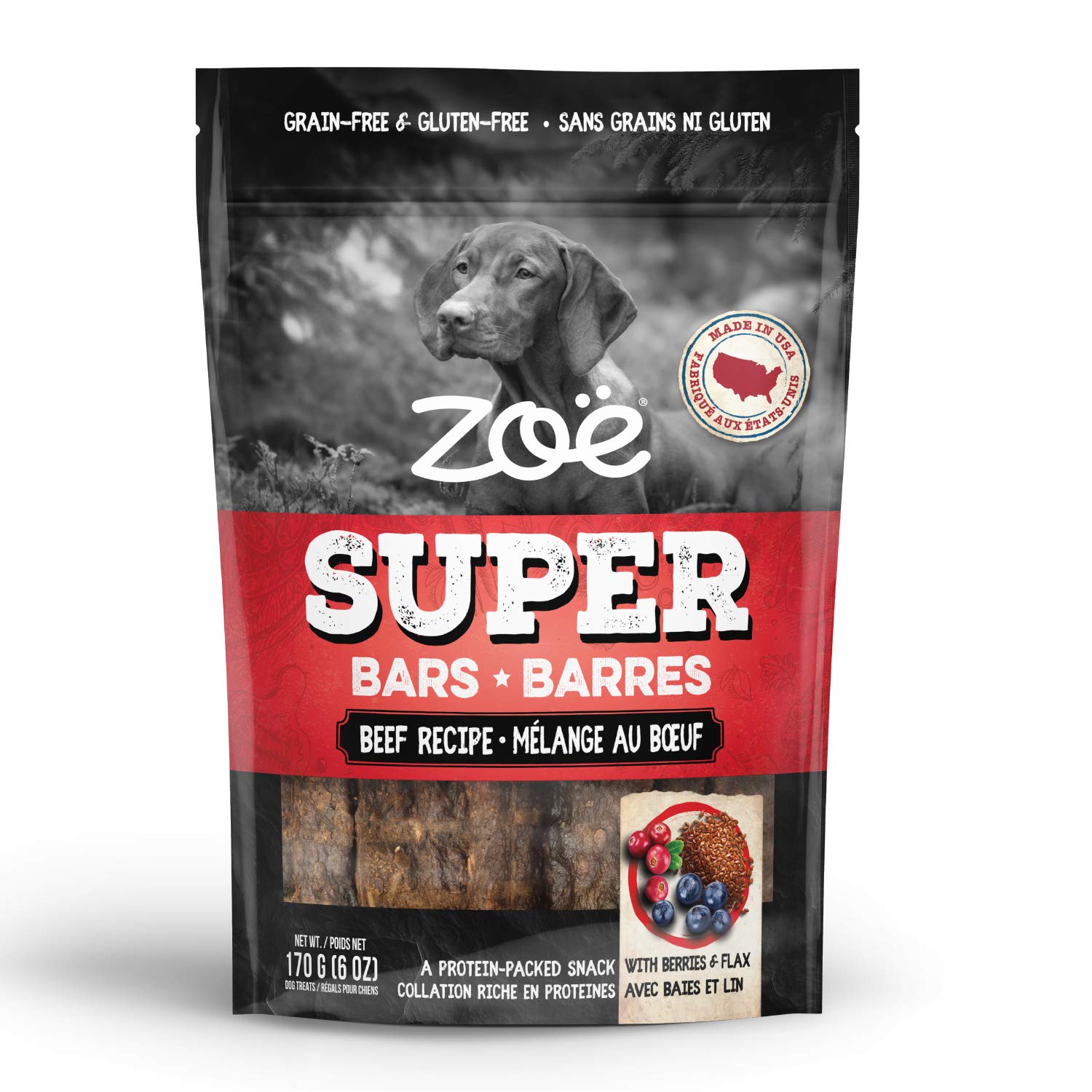 Zoe Super Bar Natural Dog Treats, Protein-Packed, Grain-Free and Gluten-Free, Made in The USA Only, Beef Recipe, 6 oz, 92017