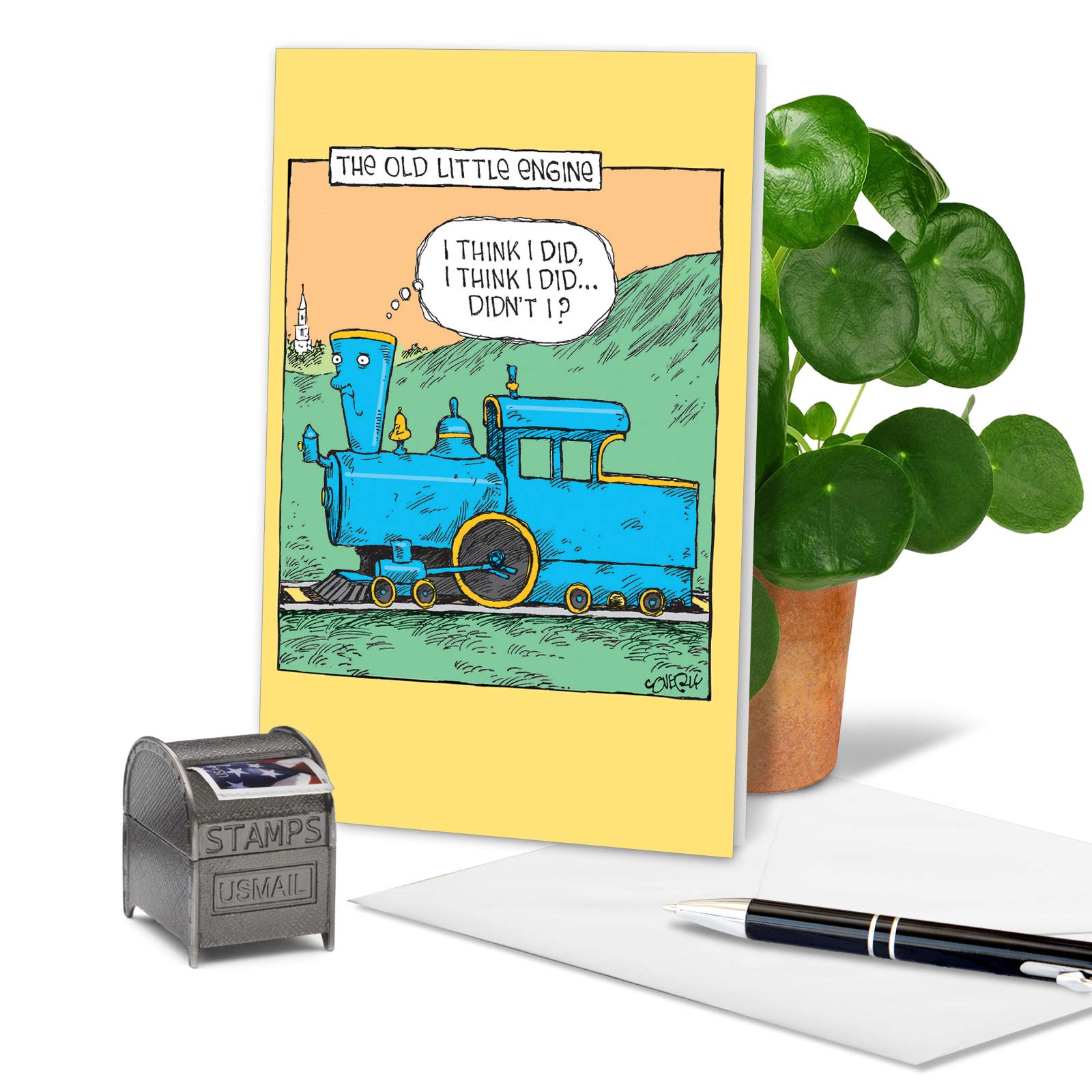 NobleWorks - 1 Humor Birthday Card with Envelope - Funny Cartoons for Birthday Greetings, Celebration Notecard - Old Little Engine C6955BDG