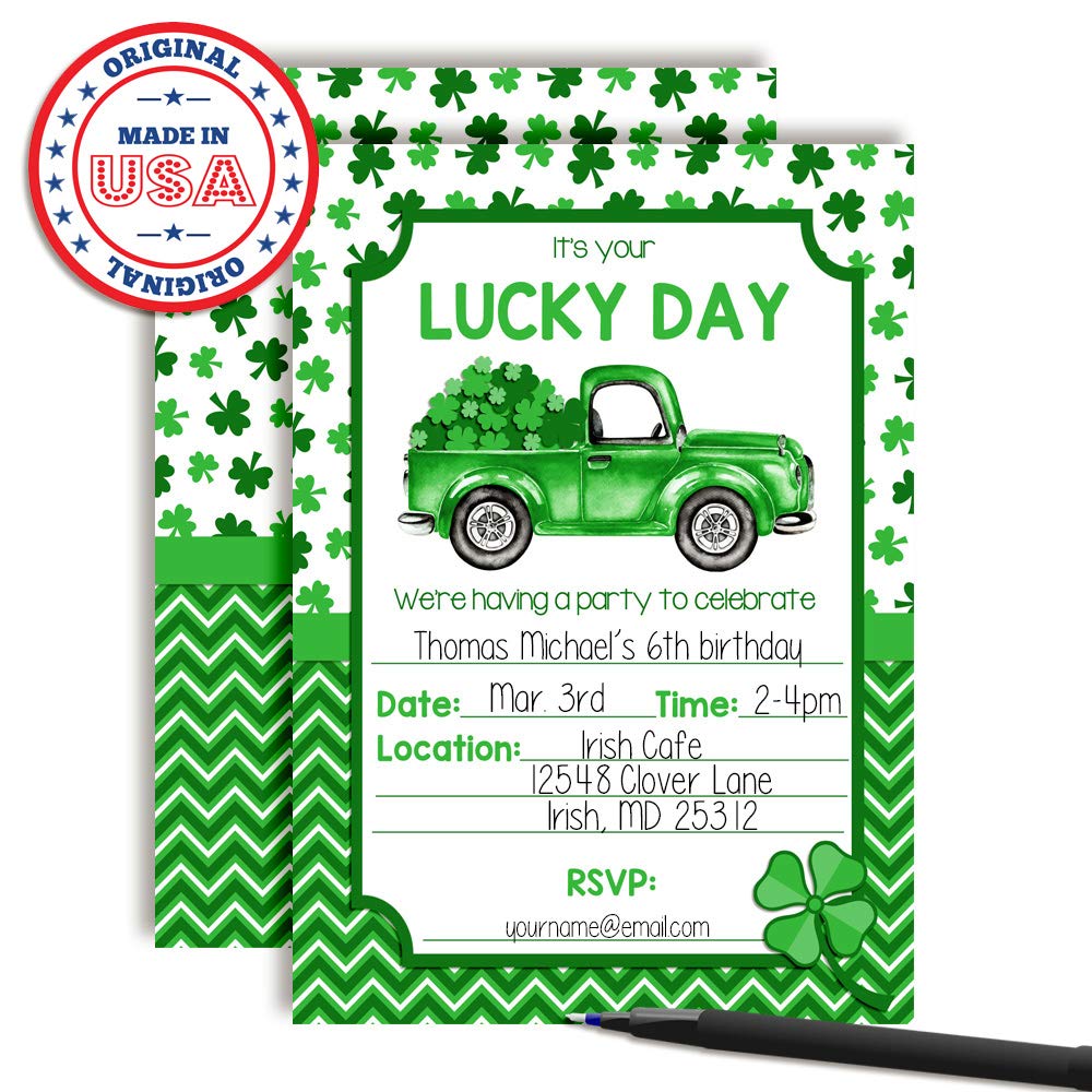 Lucky Day Truck with Clover Birthday St. Patrick’s Day Party Invitations, 20 5x7 Fill In Cards with Twenty White Envelopes by AmandaCreation