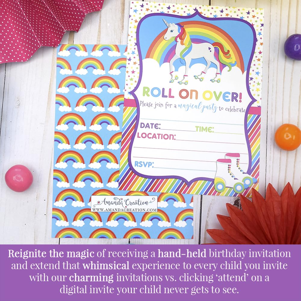 Colorful Unicorn Rainbow Roller Skating Birthday Party Invitations, 20 5x7 Fill In Cards with Twenty White Envelopes by AmandaCreation