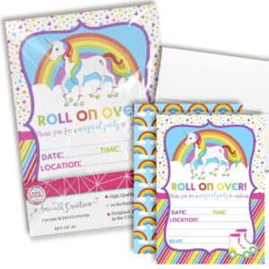 colorful unicorn rainbow roller skating birthday party invitations, 20 5x7 fill in cards with twenty white envelopes by amandacreation