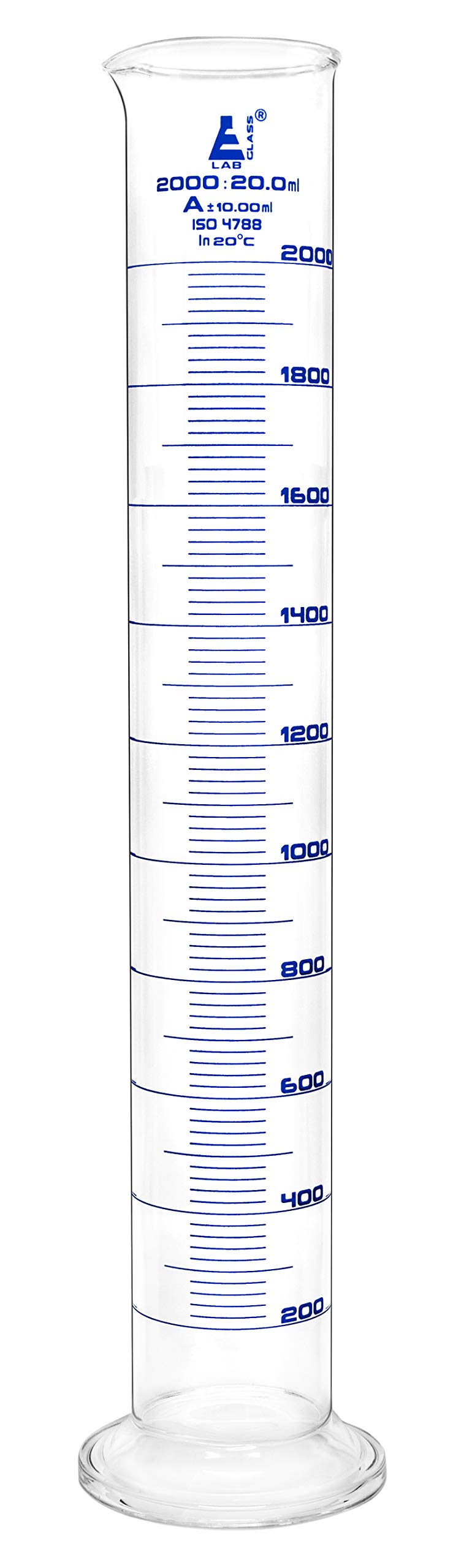 EISCO Graduated Cylinder, 2000ml - Class A Tolerance ±10.0ml - Round Base - Blue Graduations - Borosilicate 3.3 Glass