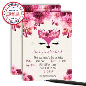 Fancy Fox Face Watercolor Floral Birthday Party Invitations, 20 5x7 Fill In Cards with Twenty White Envelopes by AmandaCreation