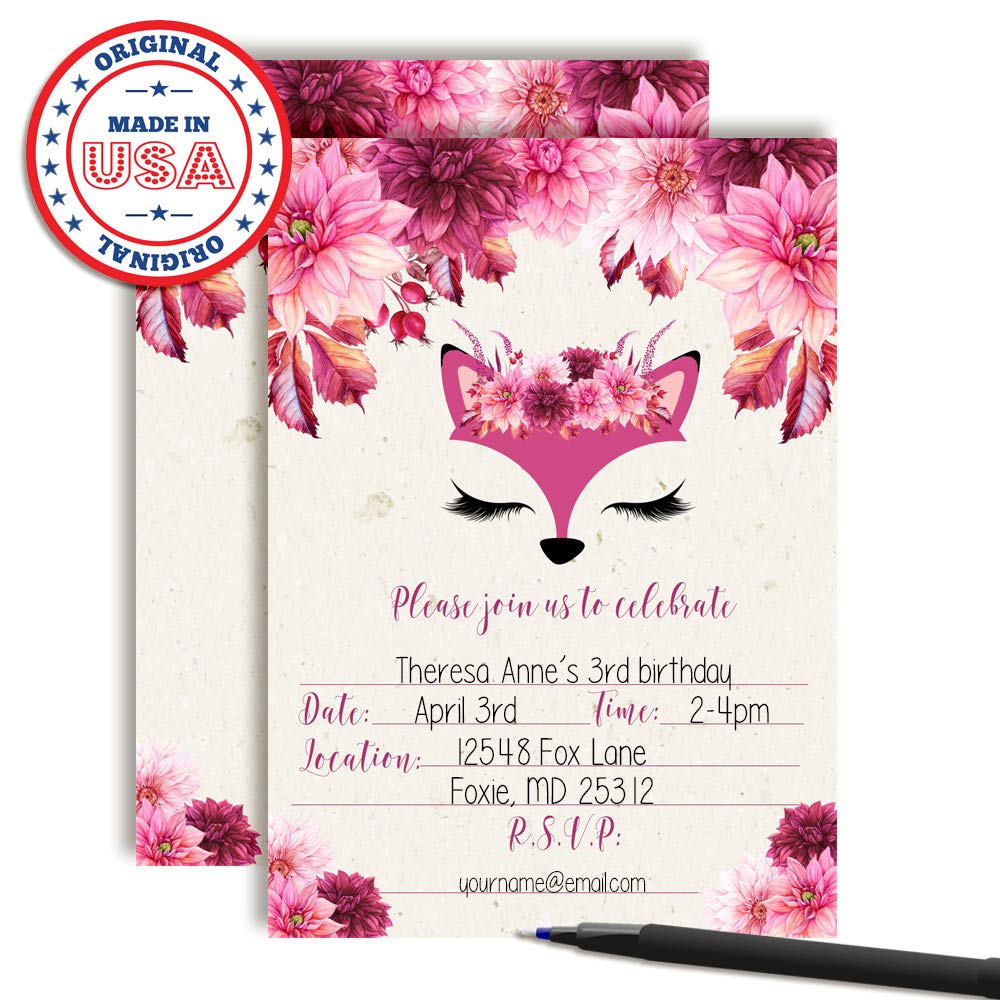 Fancy Fox Face Watercolor Floral Birthday Party Invitations, 20 5x7 Fill In Cards with Twenty White Envelopes by AmandaCreation