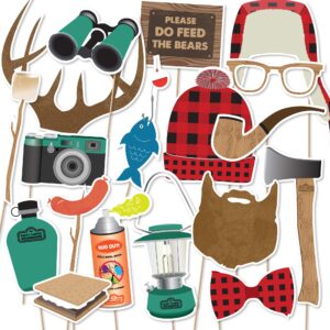 camping lumberjack photo booth props | 18 piece set by paper and cake | antlers, ax, beard, plaid cap, s’mores and more | great for birthday parties and events