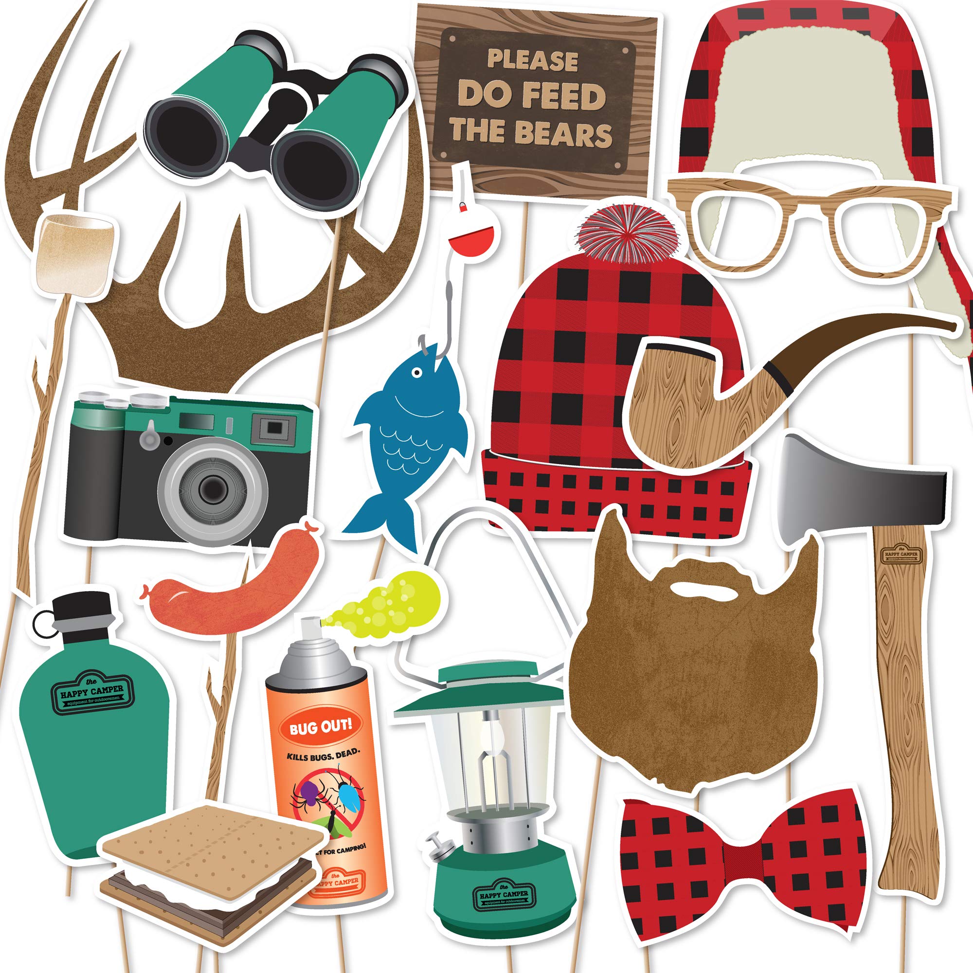 Camping Lumberjack Photo Booth Props | 18 piece set by Paper and Cake | Antlers, Ax, Beard, Plaid Cap, S’mores and more | Great for Birthday Parties and Events