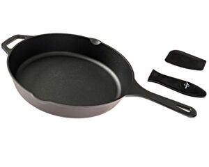 preseasoned cast iron skillet 12 inch with removable silicone handle grip and pan scraper, cast iron fry pan for indoor and outdoor use, ovenproof, stovetop, induction safe seasoned skillet