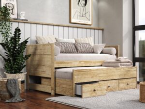 bedz king all in one twin bed with twin trundle and 3 built in drawers, weathered honey