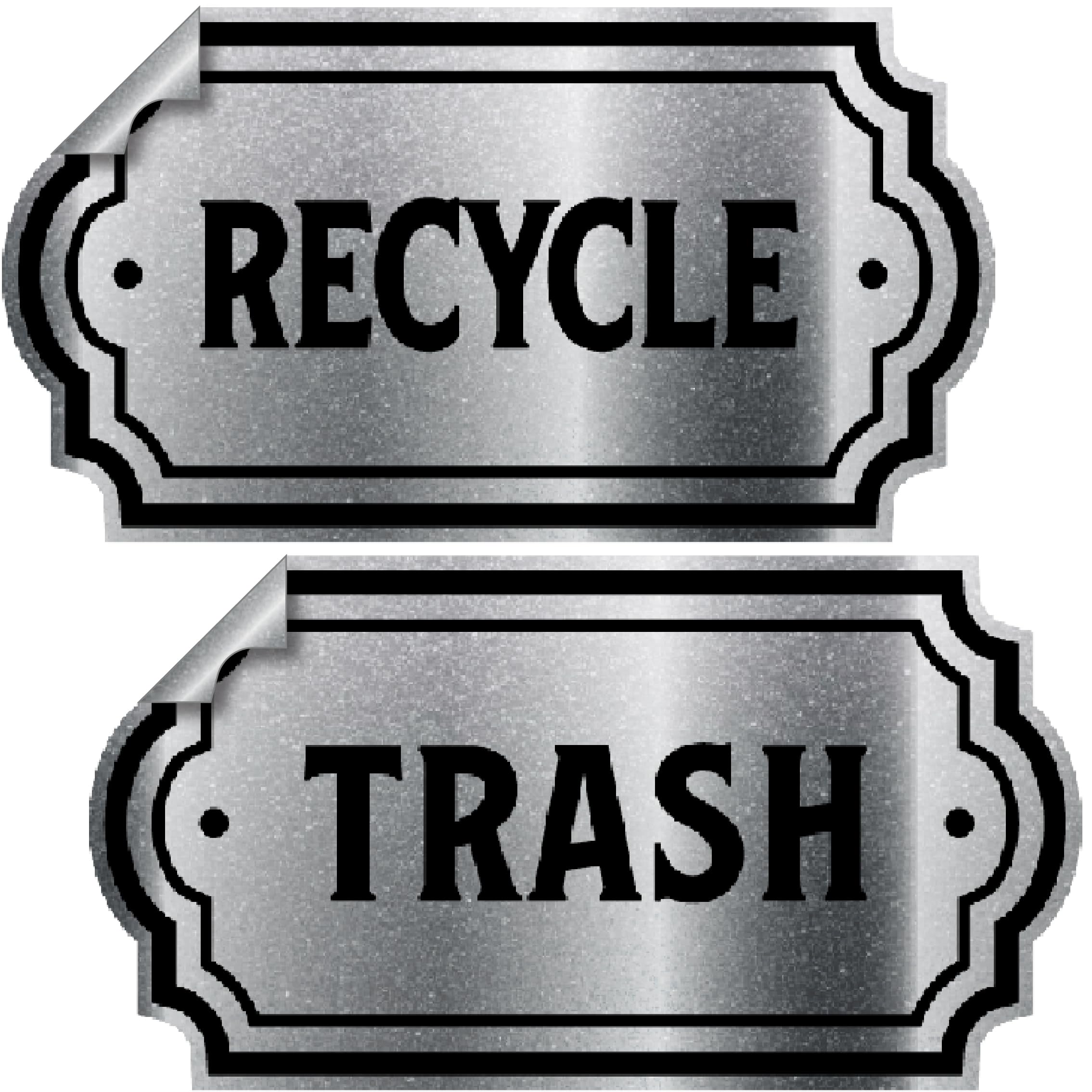 Recycle and Trash Sticker Logo Symbol - 4.9" by 2.5" - Elegant Golden Look for Trash Cans, Containers, and Garbage bins - Laminated Vinyl Decal (XSmall, Silver)