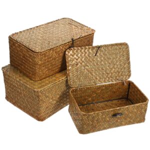 Rattan Storage Basket Makeup Organizer Multipurpose Container with Lid (S/M/L)