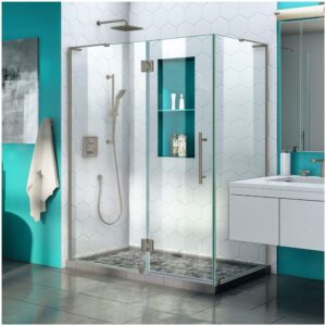 dreamline quatra plus 34 in. d x 58 in. w x 72 in. h frameless hinged shower enclosure in satin black, shen-1434580-09