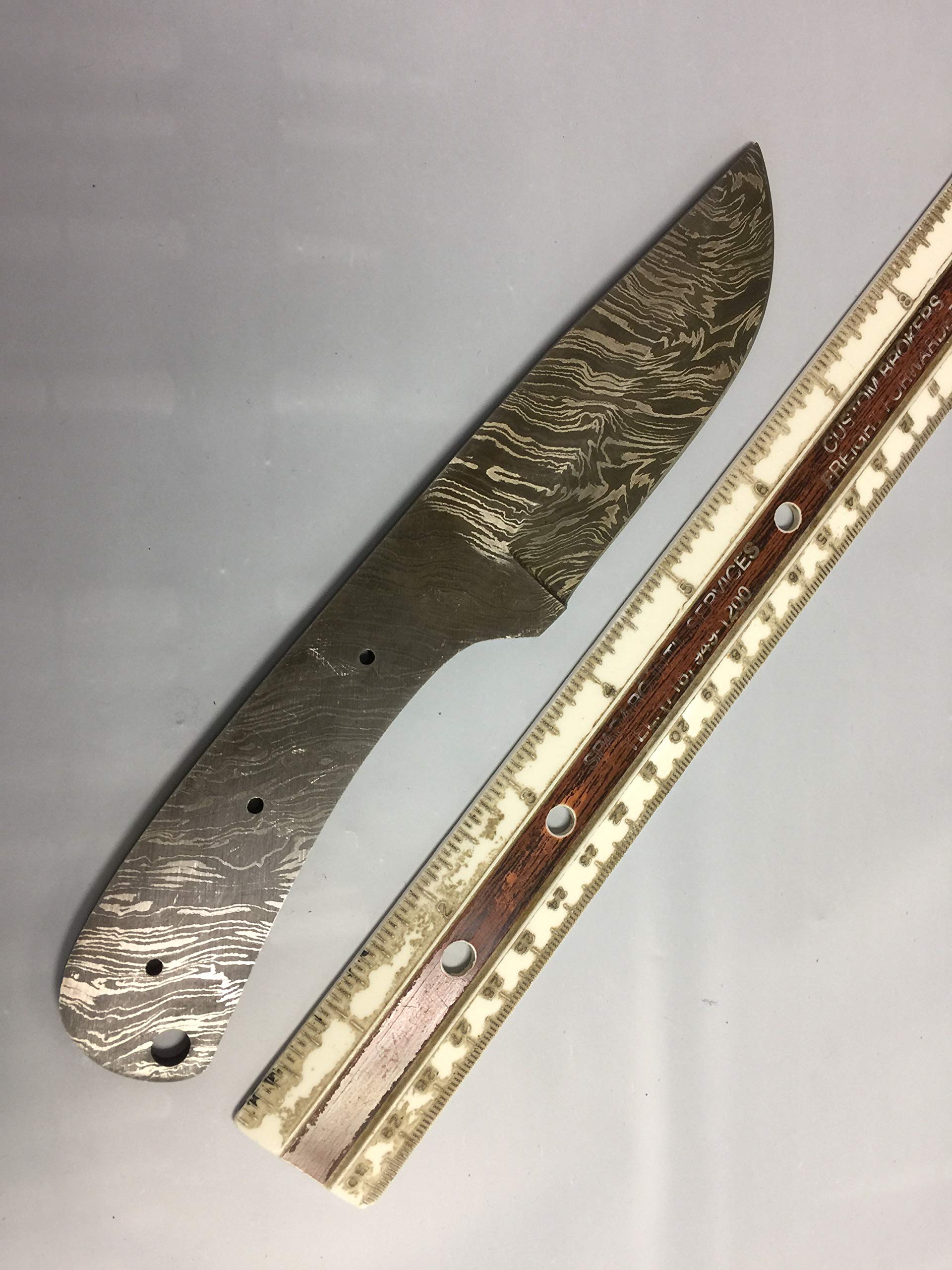 8.5 inches long hand forged Twist pattern Damascus steel trailing point blank blade skinning knife with 3 Pin hole & an inserting hole space 4 inches cutting edge