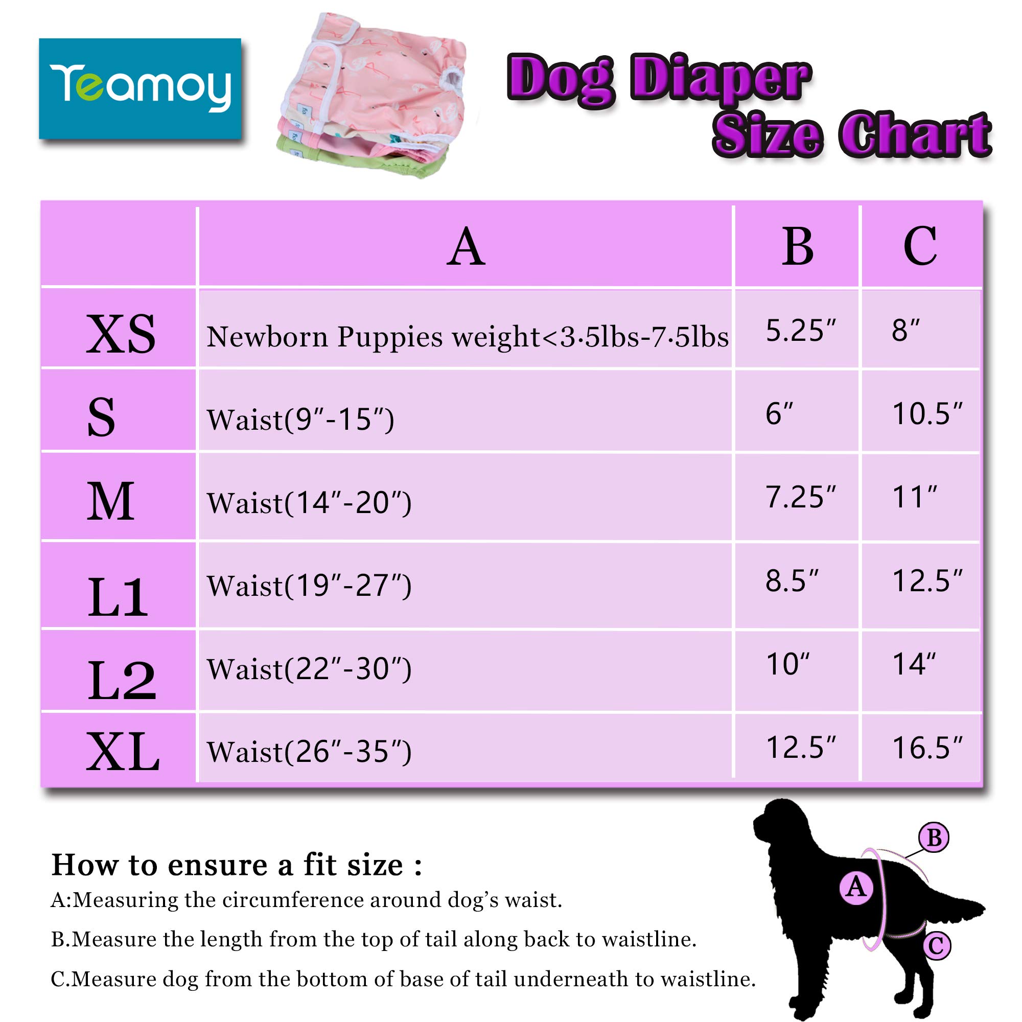 Teamoy Washable Female Dog Diapers (Pack of 4), Reuable Doggie Diapers Wraps for Female Dogs, M