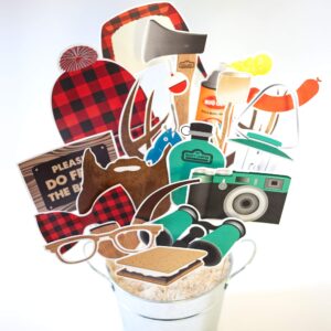 Camping Lumberjack Photo Booth Props | 18 piece set by Paper and Cake | Antlers, Ax, Beard, Plaid Cap, S’mores and more | Great for Birthday Parties and Events