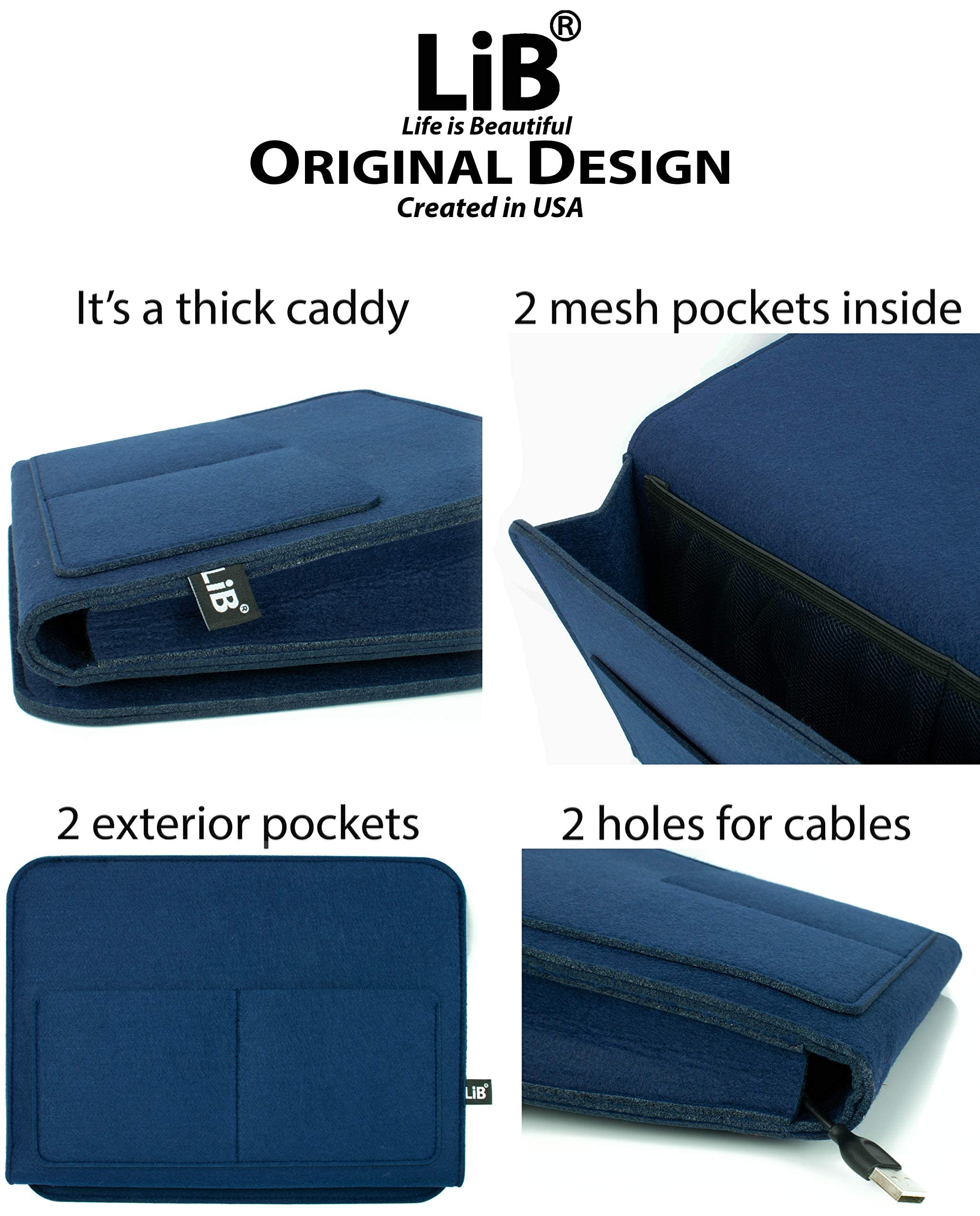 Lib Bedside Caddy, Original Design | Large Size 9.5" x 13.5" | Laptop Holder | 100% Handmade | College Room, Kids Bunk Bed, Hospital Bed | Night Hanging Storage Organizer (Dark Blue)