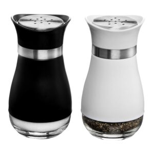 mitbak salt and pepper shakers (2-pc. set) elegant w/clear glass bottom | compact cooking, kitchen and dining room use | classic, refillable design (bk/white)