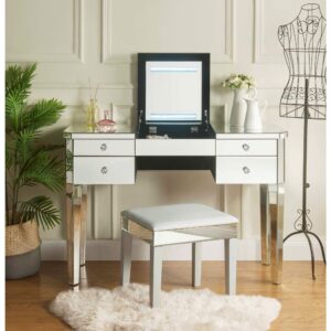 Inspired Home Mirrored Vanity Table - Design: Marabelle | 4 Drawers Lift-up Top | LED | Jewelry Holder | Cosmetics Organizer