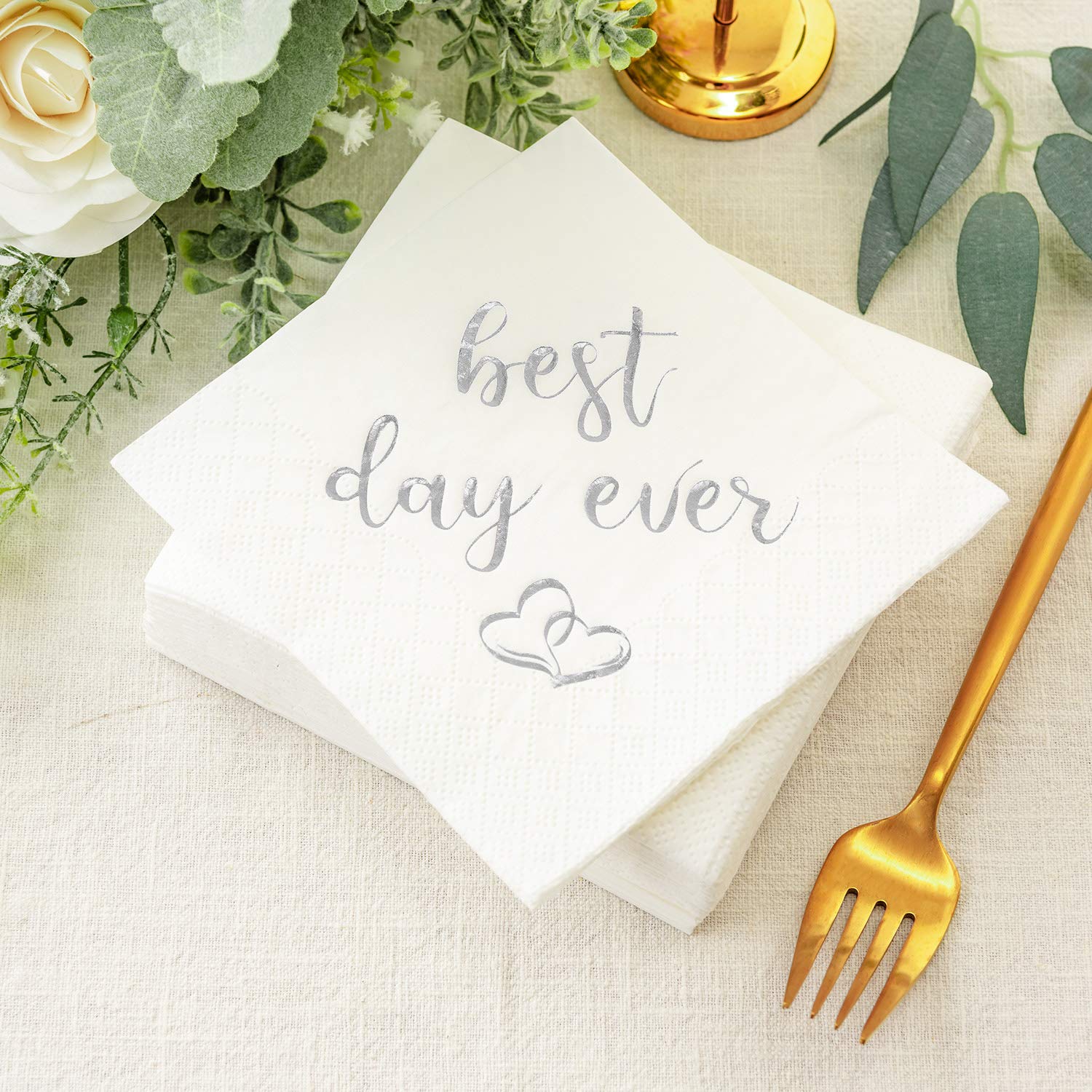 Crisky Best Day Ever Napkins Silver for Wedding Bridal Shower and Engagement Party Decorations,Cocktail Dessert Beverage Napkins 100 Pack, 3-ply