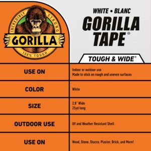 Gorilla Tough & Wide Duct Tape, 2.88" x 25 yd, White, (Pack of 1)