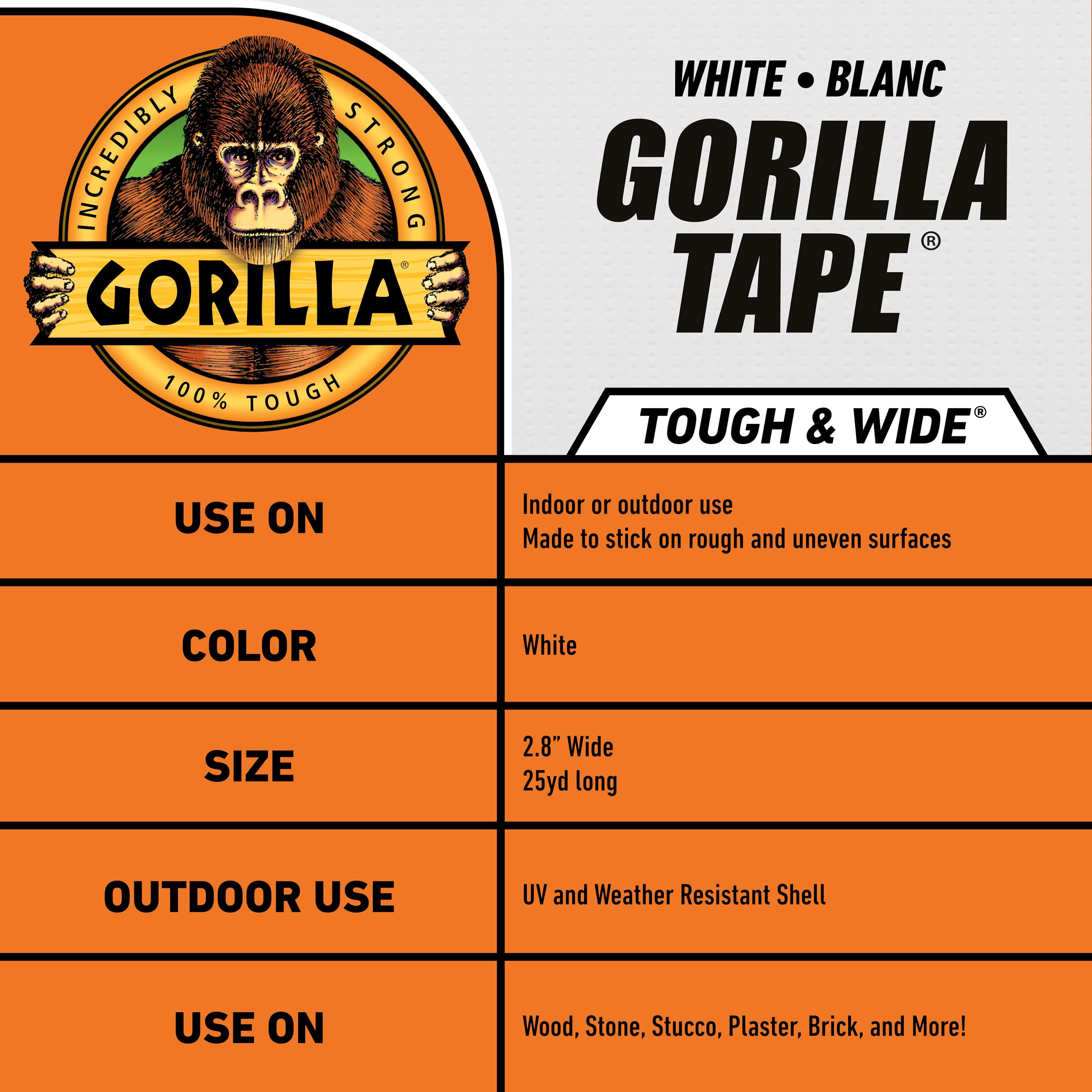 Gorilla Tough & Wide Duct Tape, 2.88" x 25 yd, White, (Pack of 1)