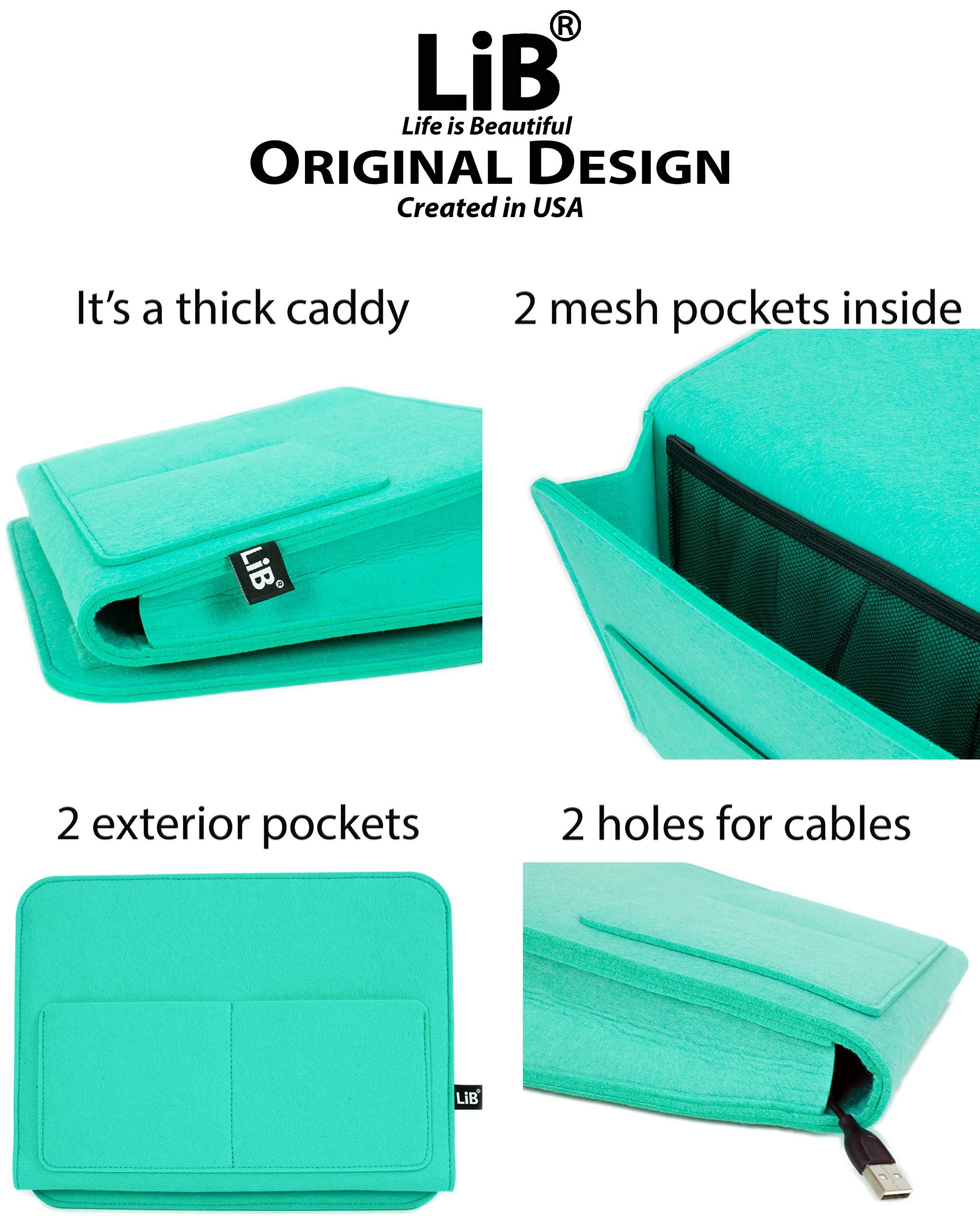 Lib Bedside Caddy, Original Design | Large Size 9.5" x 13.5" | Laptop Holder | 100% Handmade | College Room, Kids Bunk Bed, Hospital Bed | Night Hanging Storage Organizer (Cyan)