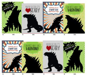 silly goose gifts monster zilla themed valentines day card for kids school classroom exchange (set of 24) sharing gift giving valentine's children