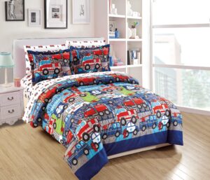 comforter set for kids heroes fire fighter fire trucks police car ambulance paramedic navy blue red white light blue grey green new (full)