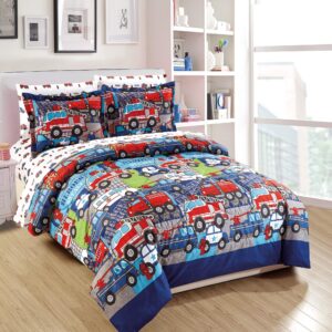 Comforter Set for Kids Heroes Fire Fighter Fire Trucks Police Car Ambulance Paramedic Navy Blue Red White Light Blue Grey Green New (Full)