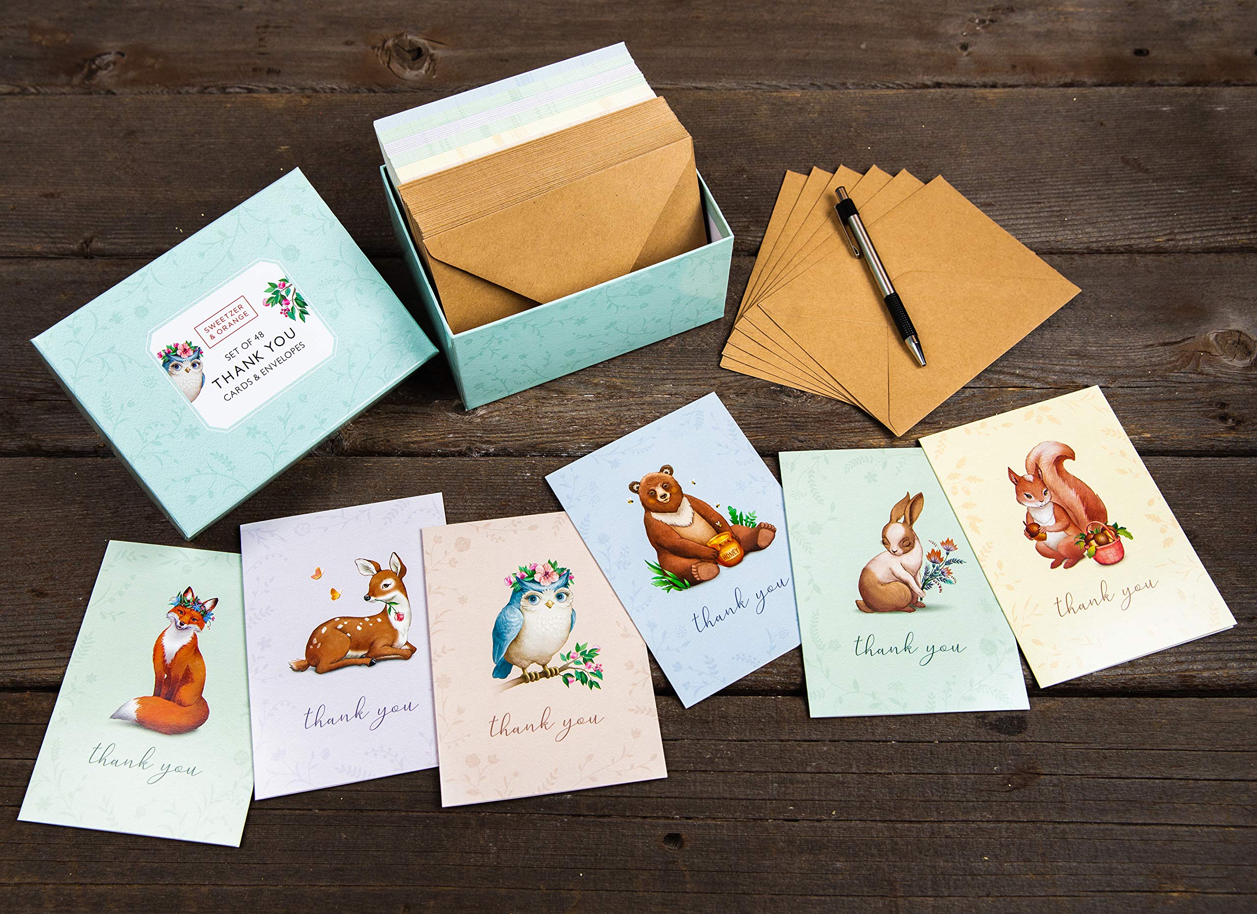 Sweetzer & Orange Woodland Animal Thank You Cards Bulk Box Set of 48 Blank Cards with Envelopes - Baby Shower Note Cards, Wedding Thank You Cards or Bridal Shower Thank you Card