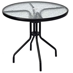 goplus 32" outdoor round patio table with umbrella hole, all weather dining table tempered glass top, bistro table coffee table furniture commercial party event for backyard lawn balcony pool