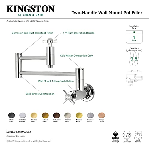 Kingston Brass KS8107ZX Wall Mount Pot Filler Kitchen Faucet, Brushed Brass, 13 x 5.06 x 8