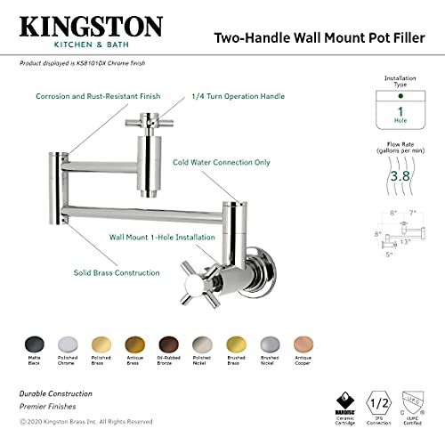 Kingston Brass KS8107DX Wall Mount Pot Filler Kitchen Faucet, Brushed Brass