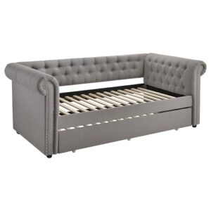 Coaster Home Furnishings Kepner Modern Classic Fabric Upholstered Twin Size Chesterfield Button Tufted Daybed with Trundle Bed for Guestroom 37-inch Headboard Bedroom Lounger Grey 300549