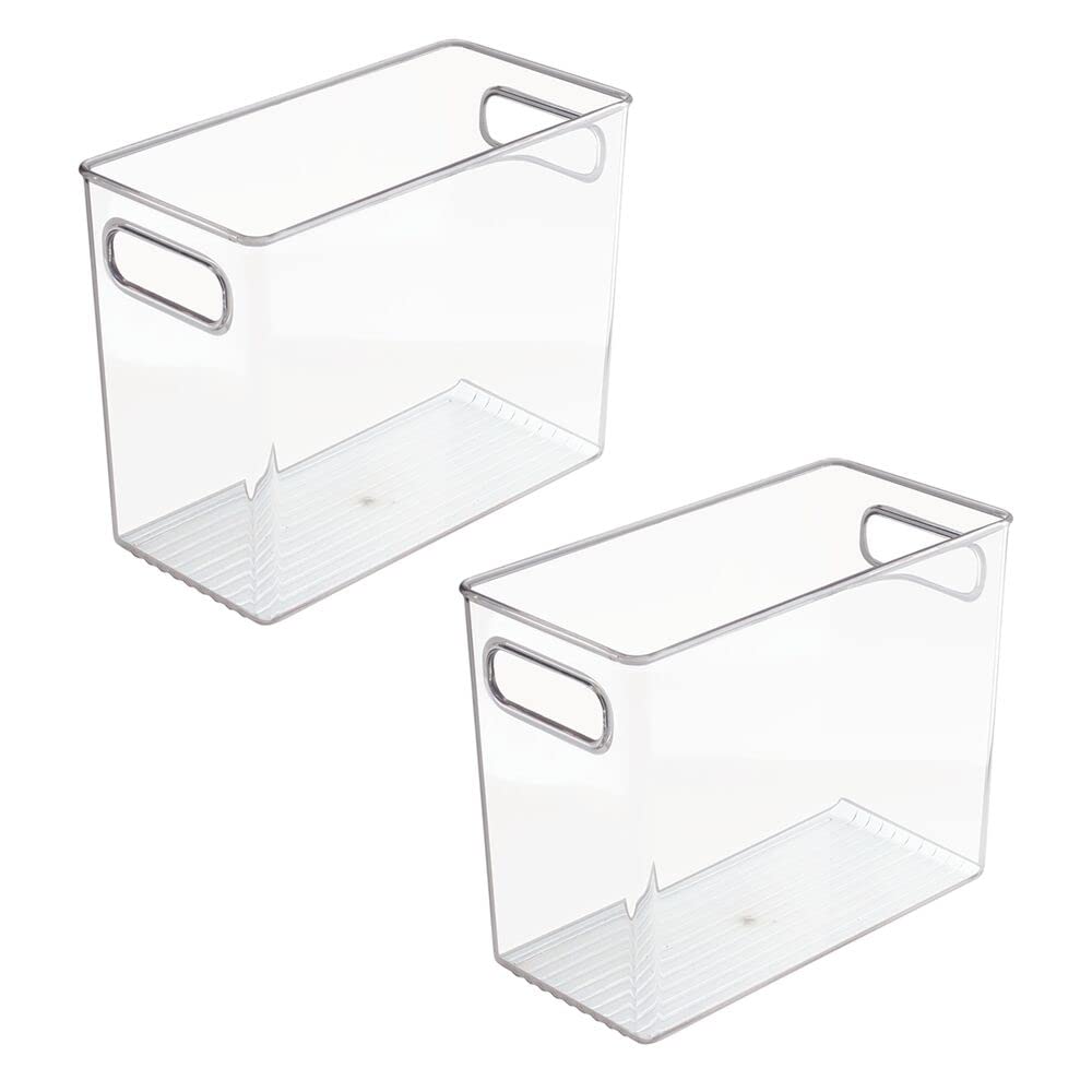 mDesign Slim Plastic Storage Container Bin with Handles - Bathroom Cabinet Organizer for Toiletries, Makeup, Shampoo, Conditioner, Face Scrubbers, Loofahs, Bath Salts - 5" Wide, 2 Pack - Clear